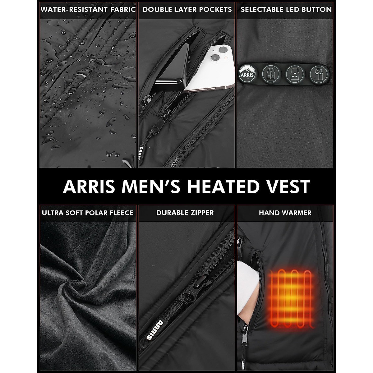 ARRIS Heated Vest for Men, 7.4V Electric Size Adjustable Heating Vest for Hunting, Camping