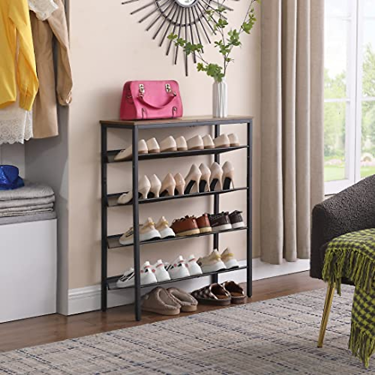 Kavonty Shoe Rack 5 Tier,Shoe Rack Organizer for Closet Entryway with Storage Shelves and Spacious Top,20-25 Pairs Shoes，Shoe Shelf, Steel Frame,Industrial, Rustic Brown and Black