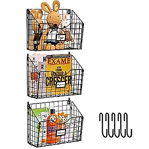 Hanging Metal Wire Storage Basket - X-cosrack 3 Tier Office Wall File Organizer With Hook & Foldable Magazine Mail Document Rack & Bathroom Kitchen Vegetable Fruit Spice Baskets Organizing and Storage