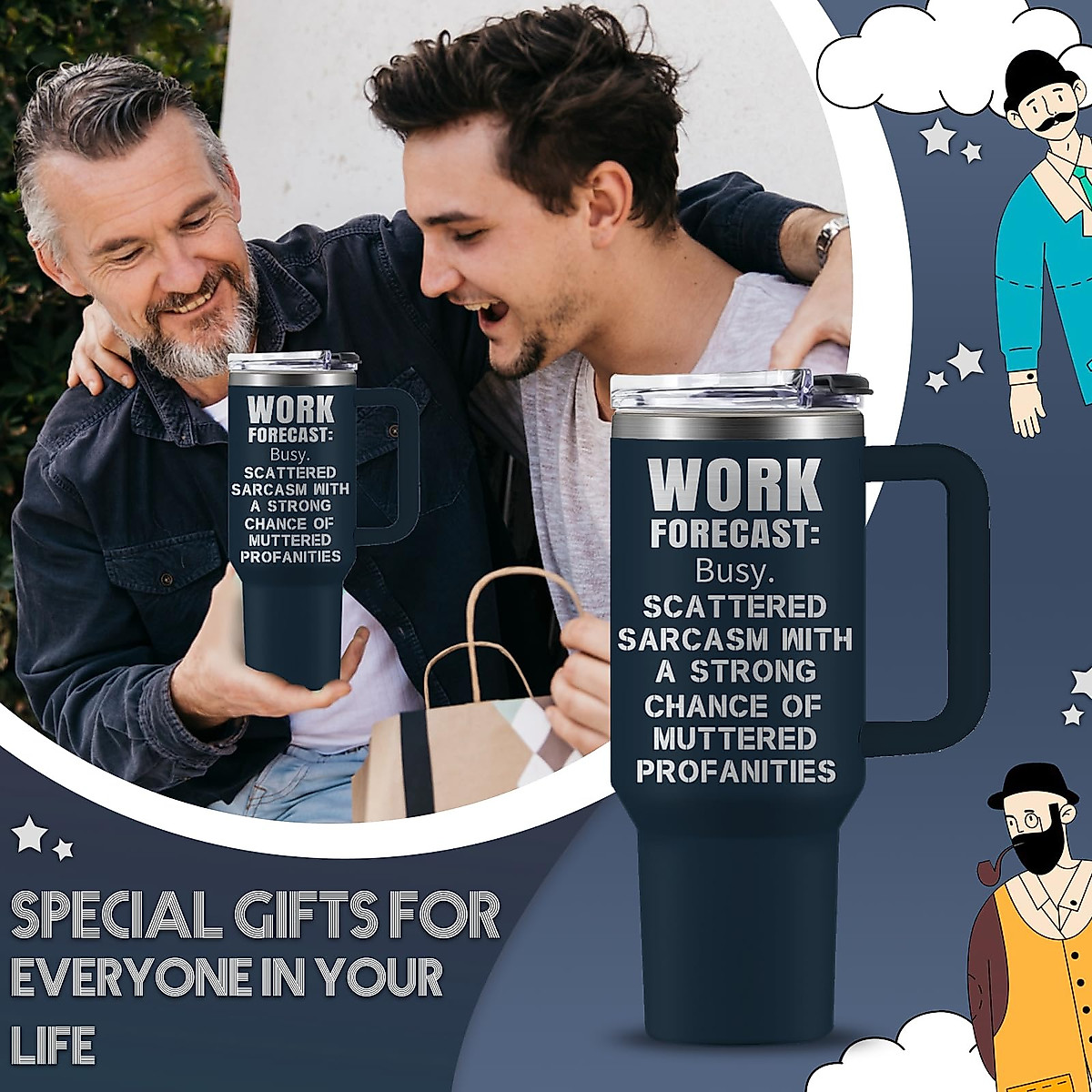 NIAXAUYT Work Forecast Busy Tumbler Cup 40 oz, Funny Coworker Gifts for Men Birthday Present for Boss Employer Work Bestie Friend Mug, Sarcastic Gag Gifts for Adults Work Going Away Farewell