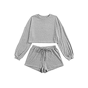 Verdusa Women's Rib Knit Long Sleeve Lounge Set 2 Piece PJ Set Nightwear Pajama Set Grey L