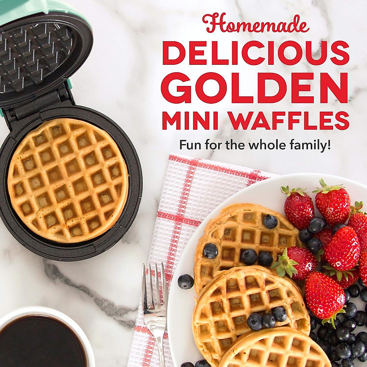 Mini Maker for Individual Waffles, Hash Browns, Keto Chaffles with Easy to Clean, Non-Stick Surfaces, 4 Inch, Waffles in Minutes (Aqua)