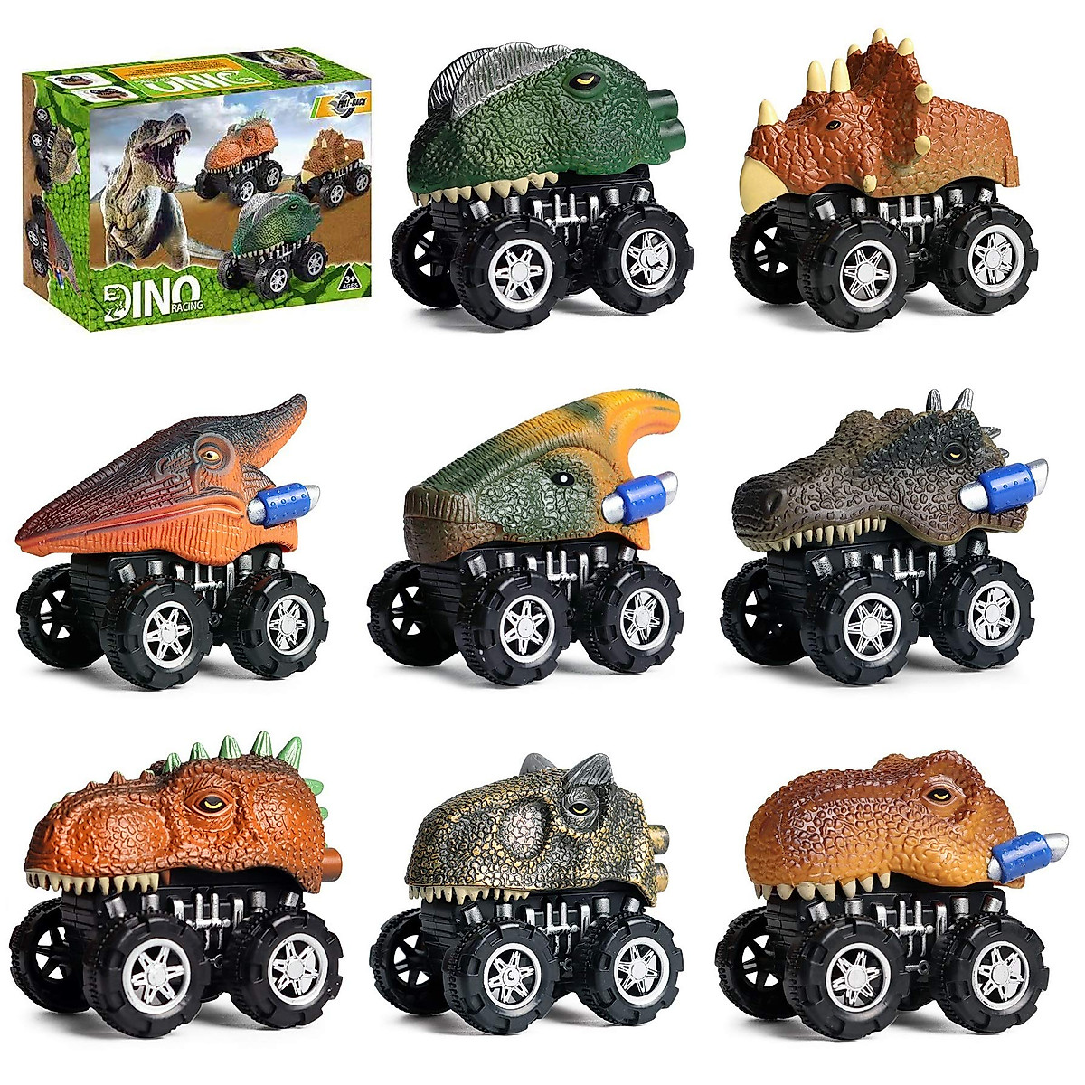 Dinosaur Toys for 2 3 4 5 6 7 Year Old Boys Girls, 8-Pack Dinosaur Toys Car for Kids 3-5, Stocking Stuffers for Kids, Christmas Easter Birthday Gifts Idea Party Favors Prizes, Easter Basket Stuffers