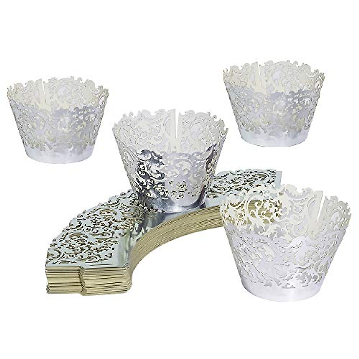 YOZATIA 60 Silver Vine Lace Cupcake Wrapper, Laser Cut Cupcake Liners for Weddings Birthdays Tea Parties and any Special Event- Silver