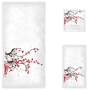Naanle Realistic Oriental Cherry Blossom Japanese Tree Soft Luxury Decorative Set of 3 Towels, 1 Bath Towel+1 Hand Towel+1 Washcloth, Multipurpose for Bathroom, Hotel, Gym, Spa and Kitchen(White)
