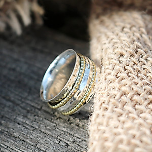 ENERGY STONE Clarity Sterling Silver Meditation Spinner Ring with Brass and Silver Spinners on Hammered Pattern Base Ring (Style US01)(8)