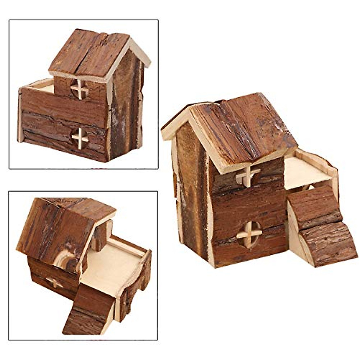 Hamster Wooden House Double Layers Hideout Hut for Dwarf Hamster Mouse Rat Gerbil (S)
