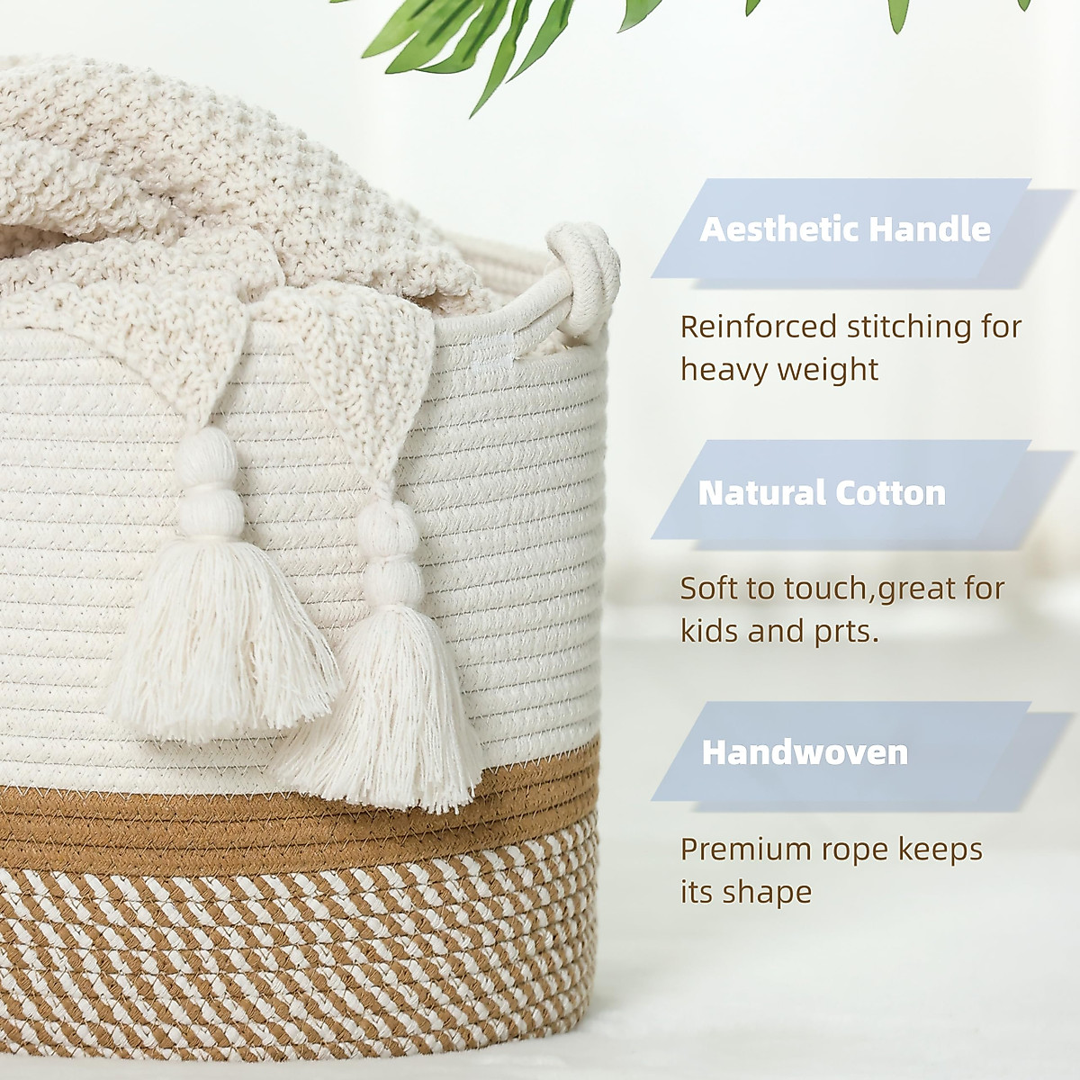 Norheirui Blanket Basket 20”x13”x11”,Large Woven Basket for Storage,Cotton Rope Basket for Blankets in Living Room,Blanket Storage,Kids Toy Basket, Rope Baskets with Handles, Large Basket,White/Brown