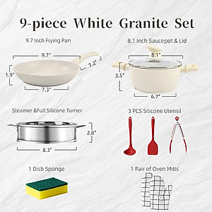NICOMOW Kitchen Utensils Basic Kitchen Utensils,Non-Stick Coating Inside,Non-Slip Handles,Heat Resistant Lacquer (Set of 9),Easy to Clean,White