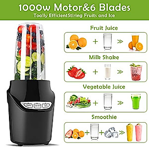 1000W Personal Bullet Blender for Shake and Smoothie, Healnitor Nutri Large Size Mixer with Blending and Grinding Blades for Kitchen, Tritan 32+15 Oz Travel Bottles for Fruits, Vegetables, Coffee, Black