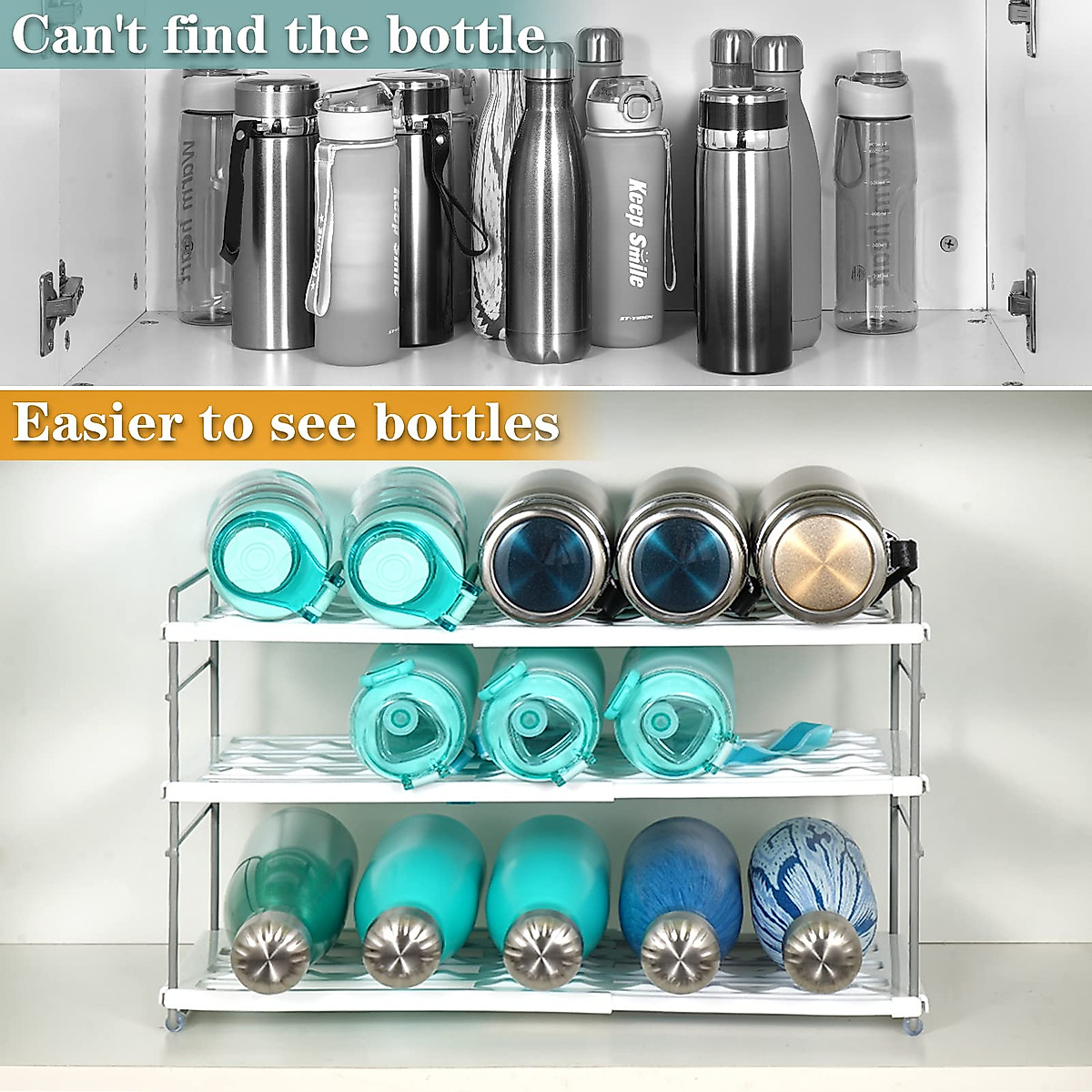 Water Bottle Organizer for Cabinet & Stackable Cup Organizer for Cabinet,3 Tier Cup Organizer for Sports Flask Insulated Travel Mug Fridge, White,Wine Drink Rack for Kitchen Countertop Freezer Pantry