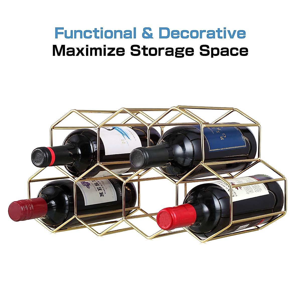9 Bottles Metal Wine Rack, Countertop Free-Stand Wine Storage Holder, Space Saver Protector for Red & White Wines - Gold