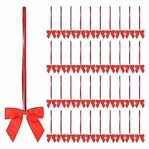 Meseey 50pcs 8 Inch Stretch Elastic Loops with Pre-Tied Red Ribbon Bows for Gift Wrapping,Baby Showers, Weddings, Christmas Boxes (8", Red)