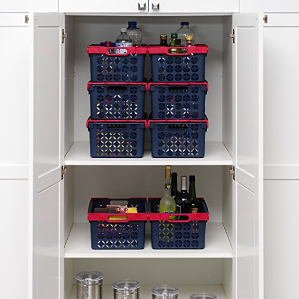 IRIS USA Boy's Medium Deep Decorative Storage Basket with Comfortable Grip Handles, 8 Pack, Toy Box, Nestable, Stackable, Kid's Storage Box for Book and Toy, Kid's Room Playroom Organizer, Navy/Red