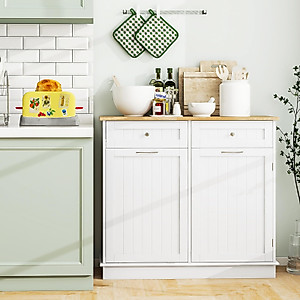 LOKO Kitchen Tilt Out Trash Cabinet, Modern Trash Cabinet with 2 Drawers & Adjustable Shelf, Pet Proof Trash Can Cabinet with Rubber Wood Tabletop, Ideal for Living Room, Dining Room (White)