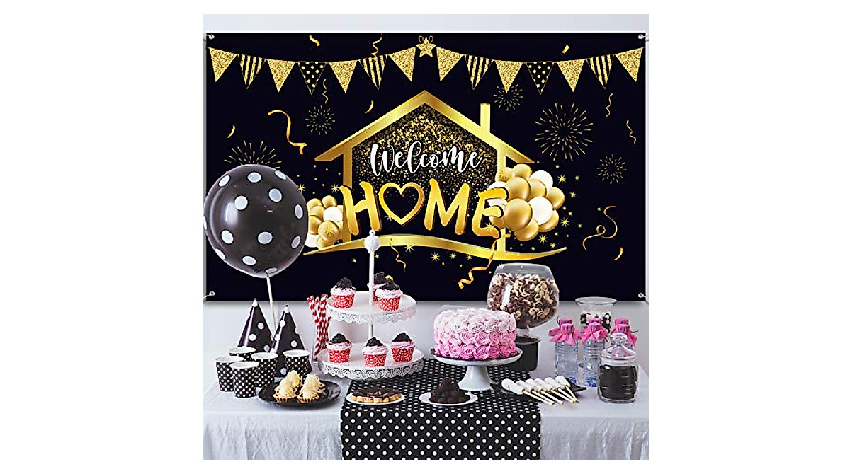 Welcome Home Backdrop Banner | Black Gold Party Decorations