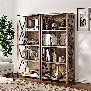 AMERLIFE 4-Tier Bookshelf, Set of 2 Tall Industrial Book Shelf, Rustic Wood & Metal X Frame Farmhouse Bookcase & Bookshelves, for Living Room, Bedroom, Barn Wood