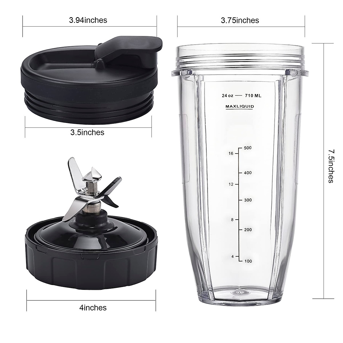 [Upgraded] Replacement 24oz Nutri Ninja Blender Cup, 24oz Cups with 7 Fins Replacement Extractor Blade Parts fit Ninja Auto iQ BL682-30 BL642-30 BL450-30 BL455-30 BL456-30 BL482-30 BL687CO-30 etc.
