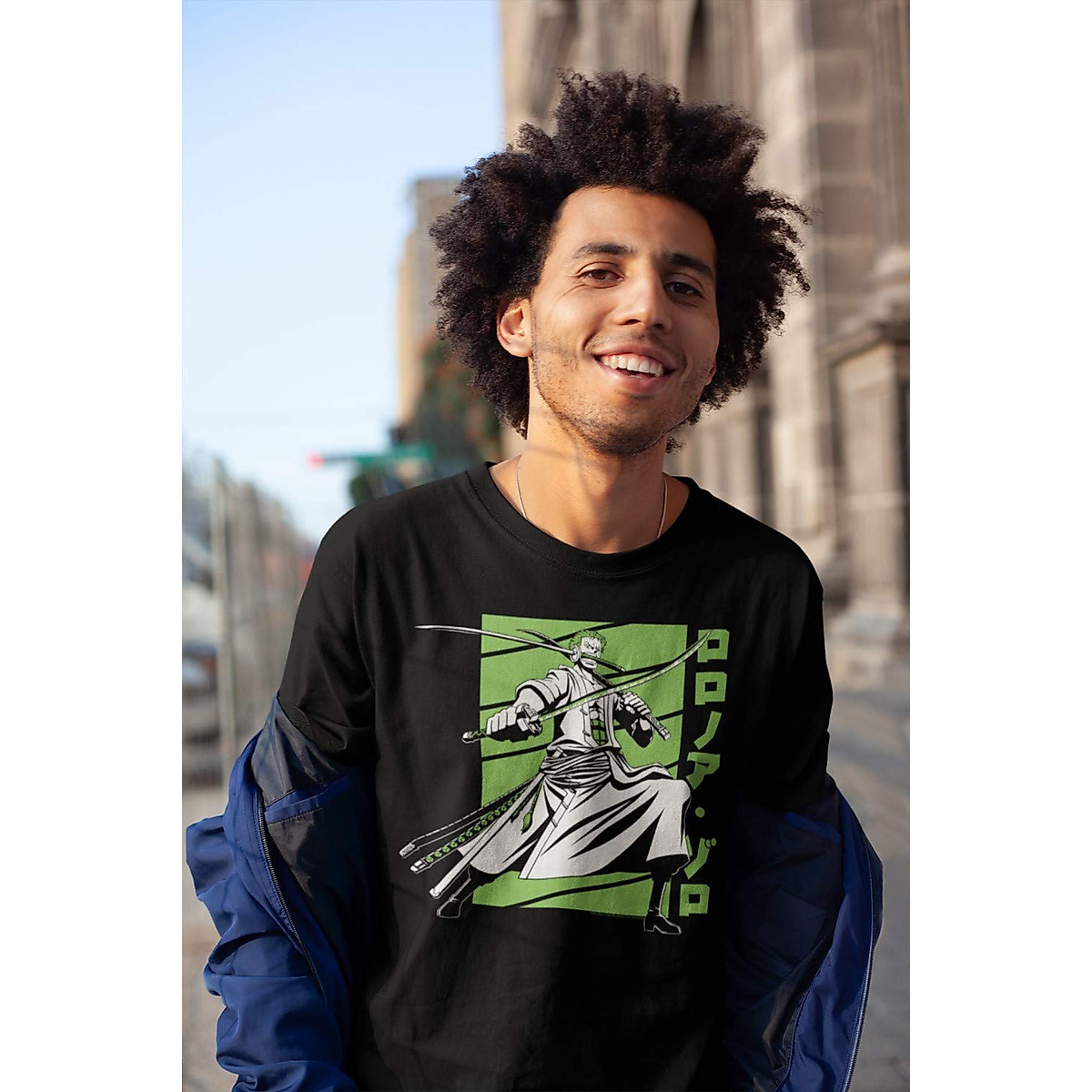 Ripple Junction One Piece Men's Short Sleeve T-Shirt Roronoa Zoro Pirate Hunter W/Swords Crew Neck Black Large