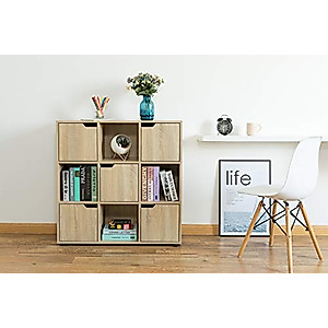 Basicwise 9 Cube Wooden Organizer With 5 Enclosed Doors and 4 Shelves, Oak