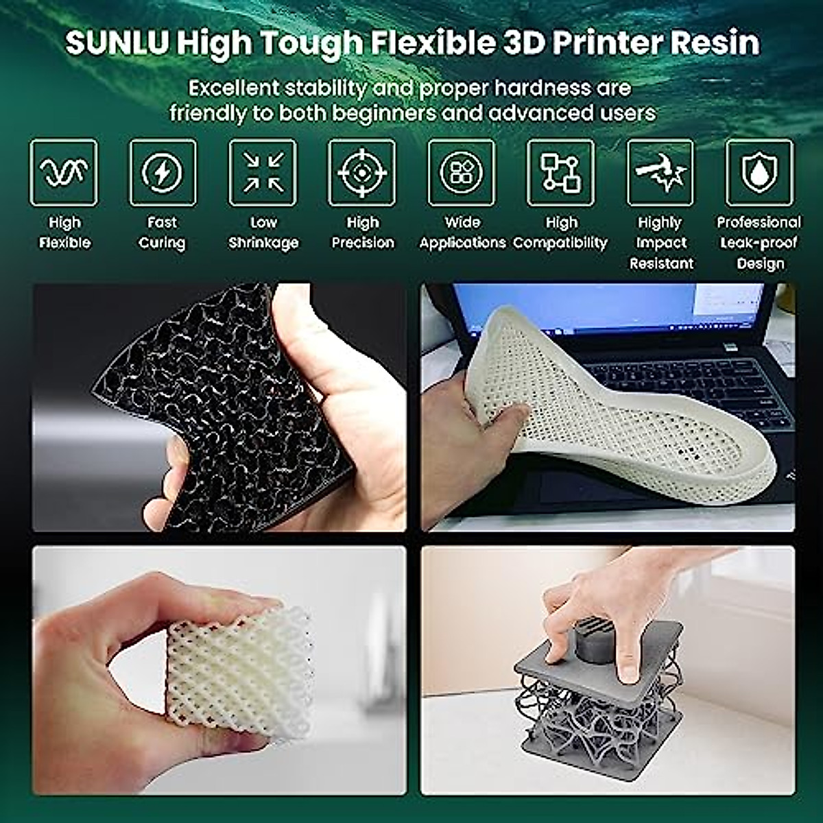 SUNLU High Tough 3D Printer Resin, Flexible Fast Curing 3D Resin for 2K 4K 8K LCD DLP SLA Resin 3D Printer, 405nm UV Curing 3D Printing Photopolymer Resin, 350J/m High Impact Resistant, 1KG, Grey
