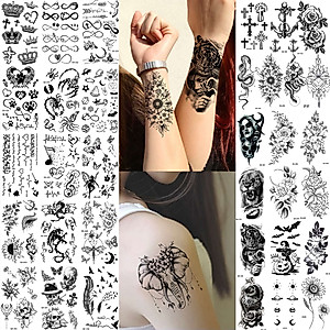 Shegazzi 63 Sheets 3D Flower Temporary Tattoos For Women Girl, 12 Sheets Realistic Sexy Rose Peony Floral Fake Tattoo Sticker Adult, 52 Sheets Small Black Snake Letter Anchor Infinity Tatoos Neck Arm