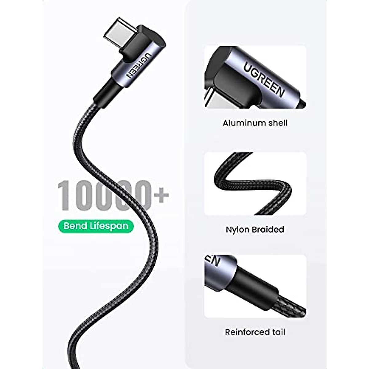 UGREEN USB C Charging Cable, 2-Pack Right Angle 3A Fast Charge QC3.0 USB A to USB C Cable, Nylon Braided Cord Compatible with Galaxy S10/S10+, iPad Mini 6, Pixel 7, Switch, etc. 6.6FT