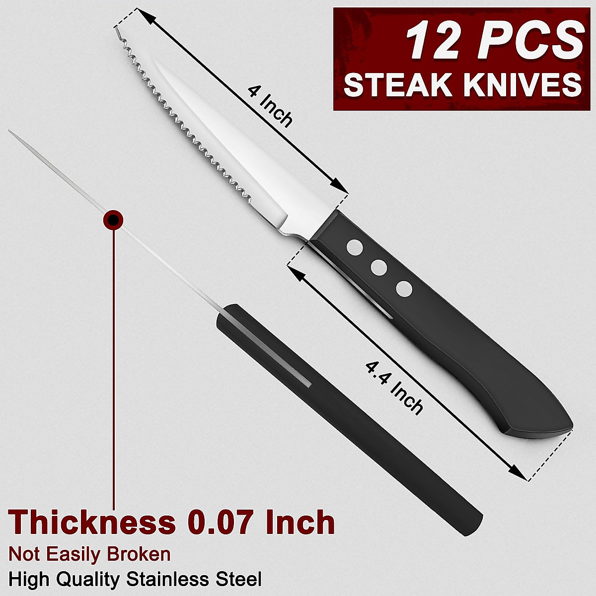 BEWOS Steak Knives Set of 12, 4-inch Steak Knife, Serrated Steak Knives, High Carbon Stainless Steel Knives, Triple Rivet Steak Knife, Sharp Blade Knives/Steak Knife, Dishwasher Safe Steak Knives