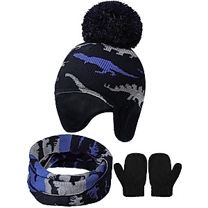 Baby Boy Hat Scarf Mittens Set Winter Warm Hat Knitted Beanie Gloves Toddler Fleece Mittens Earflaps (Navy Blue, Grey, Light Blue, 4-5 Years)