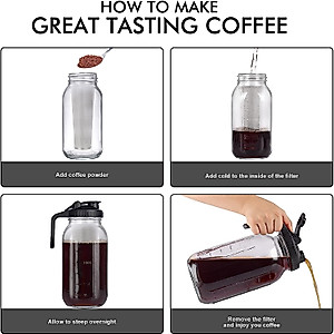 WOODRIVER Cold Brew Mason Jar iced Coffee Maker, Durable Glass, Heavy Duty Stainless Steel Filter, Flip Cap Lid - 64 oz With Handle