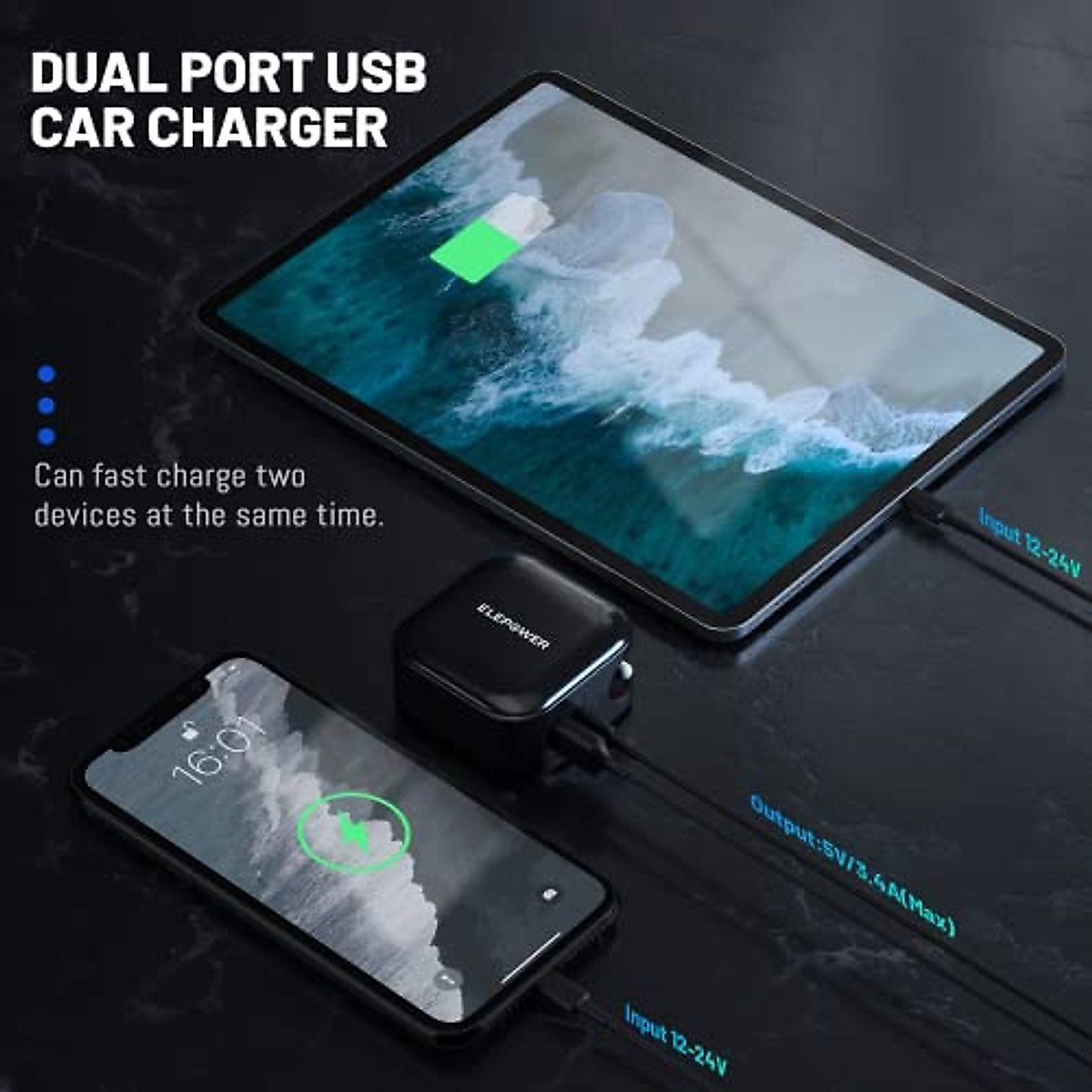 Car Charger, Elepower 2 in 1 Car and Wall Charger Dual Port USB & Type C Foldable Plug 25W Power Adapter for iPhone 14 13 12Pro Max/XR/ 8 7, iPad Pro 12.9 11 10.2/Air 4 /Mini, Galaxy GPS LG- Black