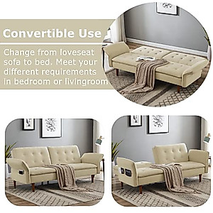 Ucloveria Futon Sofa Bed, Linen Fabric Memory Foam Sleeper Sofa Couch, Modern Convertible Loveseat for Compact Living Spaces, Studio, Apartment, Dorm, Guest Room, Home Office, 67" Beige