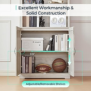 Farmhouse Bookshelves and Bookcases with Doors, Floor Standing 5 Shelf Display Storage Shelves, 69 in Tall Bookcase for Home Office, Living Room, Washed Grey