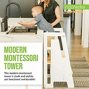 KidzWerks Modern Toddler Tower, Montessori Kitchen Step Stool, Sleek Modern Design Adjustable Standing Platform for Kitchen Counter - White/Wood Modern Standing Tower