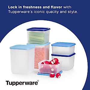 Tupperware Stacking Square Storage Set - Dishwasher Safe & BPA Free - (6 Clear Containers + 6 Blue Lids)