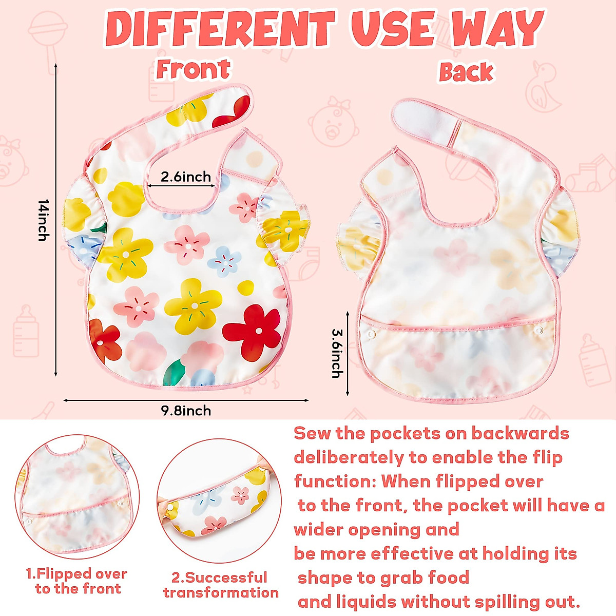 2ooya 3Pcs Mess Proof Bibs for Baby Girls Eating Waterproof Feeding Bib Set with Crumb Catcher Infant Adjustable Teething Bib Sleeveless Food Bibs for Babies, 6-36 Months