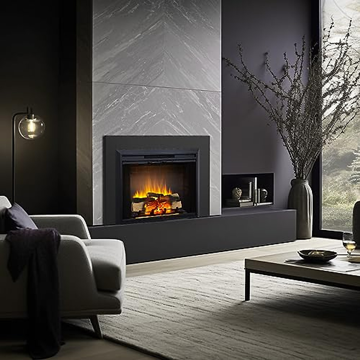 LegendFlame Damon 35 Inches Electric Fireplace Insert with Trim Kit, Glass Door and Mesh Screen, Fireplace Heater 750/1500W, Fire Crackling Sound, Adjustable Flame Speed, Remote Control, Black