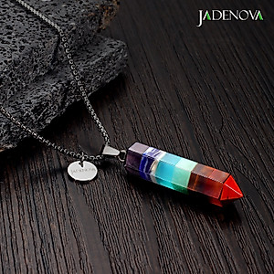 JADENOVA 7 Chakra Necklace Pendant Hexgonal Energy Healing Gemstone Crystal Dowsing Divination Pendulum 18 Inches Stainless Steel Chain