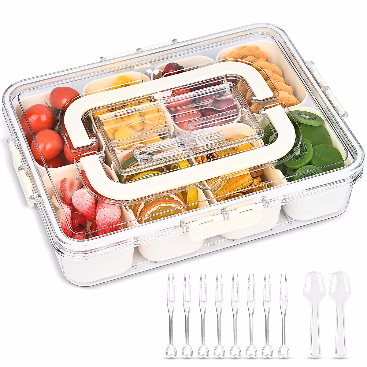 Linn'sCollection Divided Serving Tray with Lid and Handle,Snack Box Container with Cutlery Storage, Fruit Tray,Portable Snack Tray Organizer,Portable Snack Box Container, 8 Compartment Snack Container