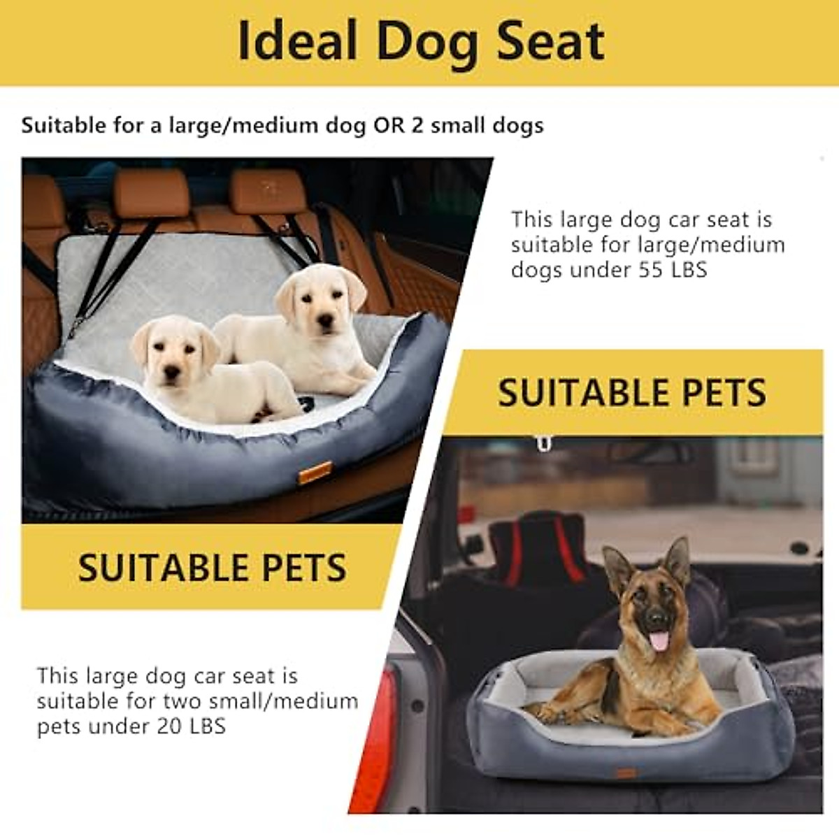 FUNNIU Dog Car Seat, Pet Car Seat for Medium/Large Dogs or Two Small Dogs, Dog Car Bed Travel Safety Fully Detachable Washable for Back Seat with Soft Cushion, Light Grey