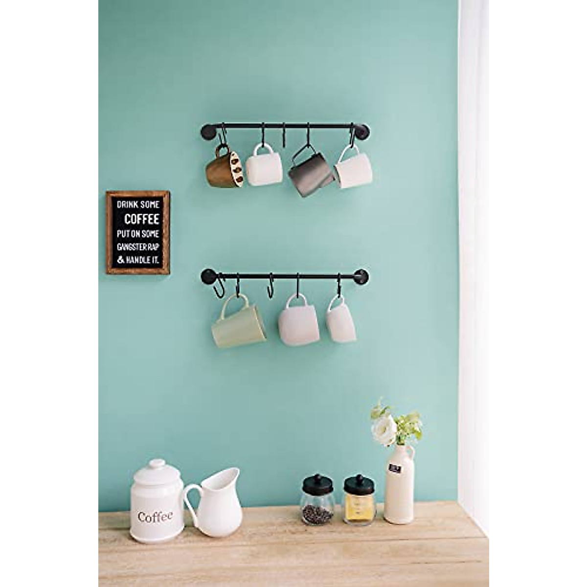Mkono Mug Holder Wall Mounted Coffee Cup Rack Hanger Modern Metal Wall Rack with 10 Mug Hooks Rustic Utensil Tea Cups Storage Organizer for Kitchen Dining Room Coffee Bar, Set of 2, Black