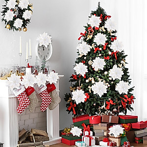 Sggvecsy 24 Pcs Christmas Glitter Poinsettia Flowers Christmas Tree Ornaments Artificial Christmas Flowers Decorations with Clips for Xmas Holiday Wedding Wreath Party Floral Decorations (White)