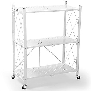 nisboigr 3 Tier Storage Shelves,Folding Storage Shelf with Wheels,Heavy Duty Metal Shelf,Garage Storage Shelf,Metal Rack,White