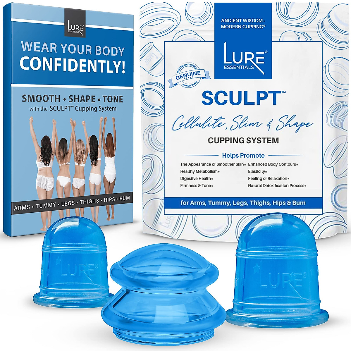 LURE Essentials Sculpt Silicone Cupping Theapy Set Anti Cellulite Cup Massager, Vacuum Suction for Lymphatic Drainage