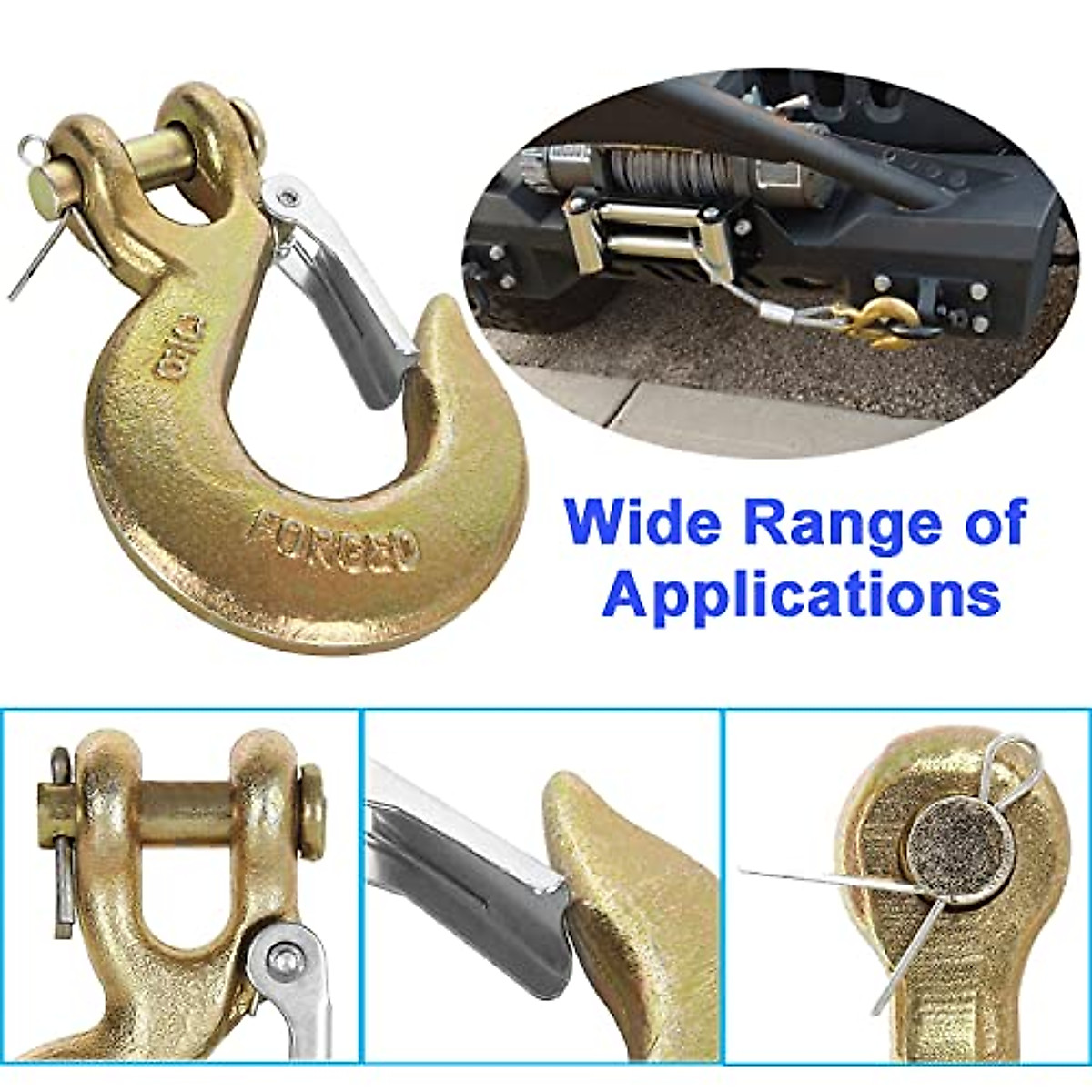 Accoladesound 2PCS 3/8 Inch Clevis Slip Hook with Safety Latch, G70 Forged Steel for Trailer, Heavy Duty Chain Hooks Deck Hauler Receiver Hitches Trailer,18,000lbs Capacity, Gold