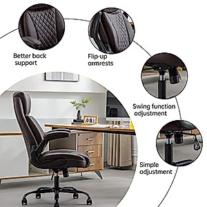 DYHOME Ergonomic Home Office Desk Chair Brown Leather Tracking Back Lumbar Support with Flip-up Adjustable Arms High Back Executive Office Chair Modern Managerial Big and Tall Home Office Chair