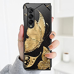 DJSOK Case Compatible with Samsung Galaxy Z Fold 3 5G Case,Beautiful Golden Butterfly Luxury Pattern Design Pattern Back+Soft Silicone Protective Case