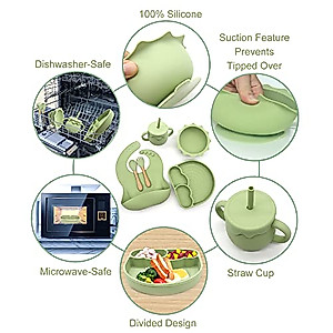 Rayshie Baby Led Weaning Supplies,Baby Utensils 6-12 Months, BLW Utensils,Silicone Bib,Toddler Bowl,Straw Cup,Suction Divided Baby Plate,Fork&Spoon,Baby Eating Supplies,Baby Gifts (RS-FDs-Olive-22-03)