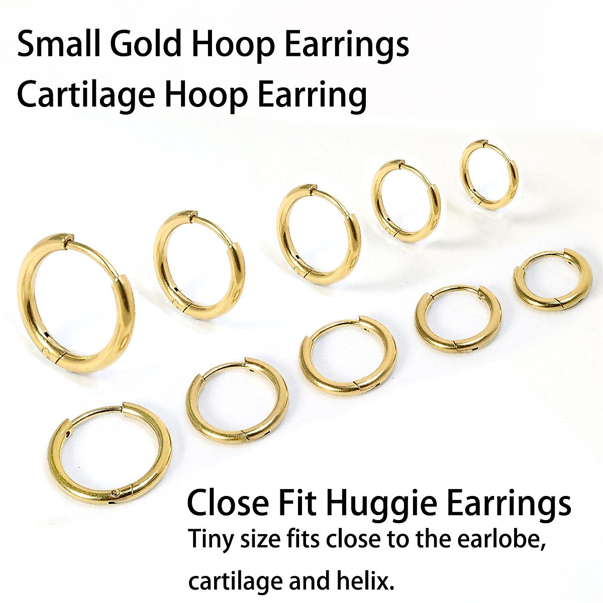 Small Gold Hoop Earrings for Women Set: 5 Pairs Lightweight 14K Gold Minimalist Huggie Hoop Earrings Cartilage Hoop Earring Helix Earring Tiny Gold Hoops for Women Men 1.6MM Thickness Hypoallergenic Earring Sets for Multiple Piercing (14K Gold - 5 Pairs(6