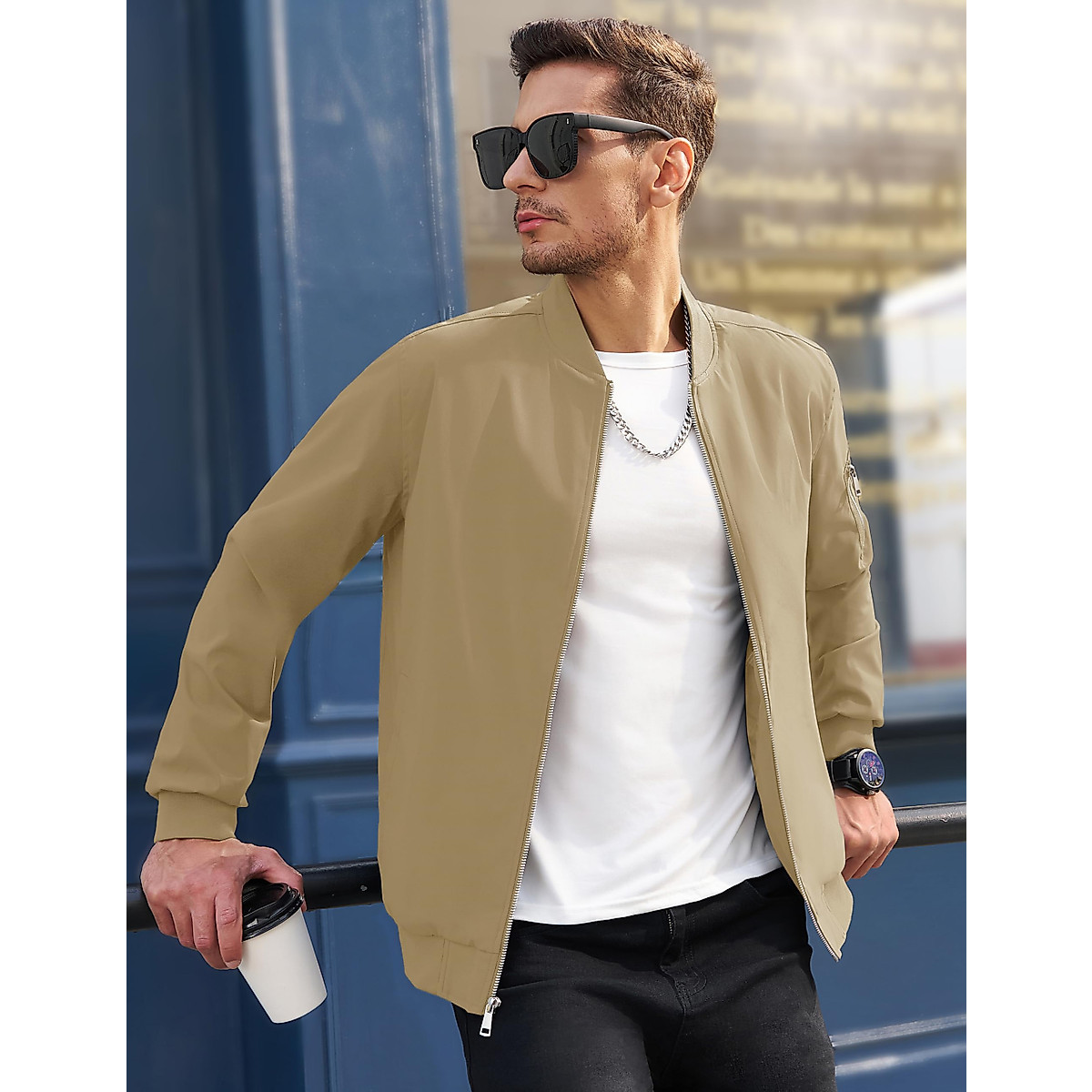MAGCOMSEN Bomber Jacket Men Light Spring Jackets Lightweight Bomber Jacket Zip Up Light Coat with Pocket Casual Jacket Khaki,L